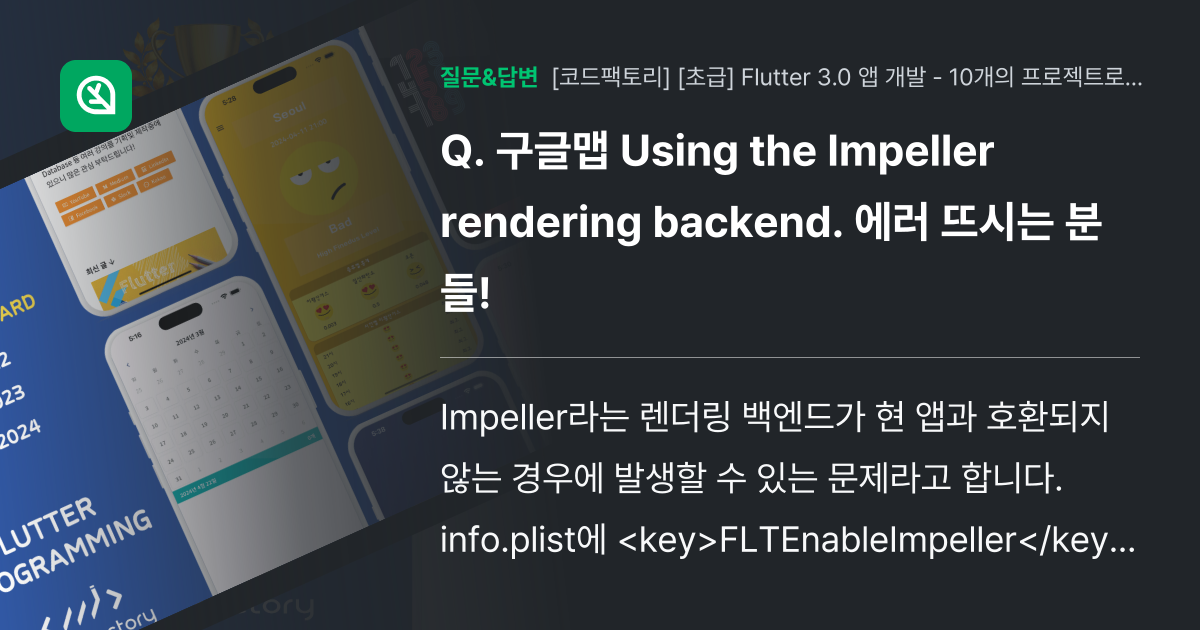 구글맵 Using the Impeller rendering bac... - 인프런 | 커뮤니티 질문&답변