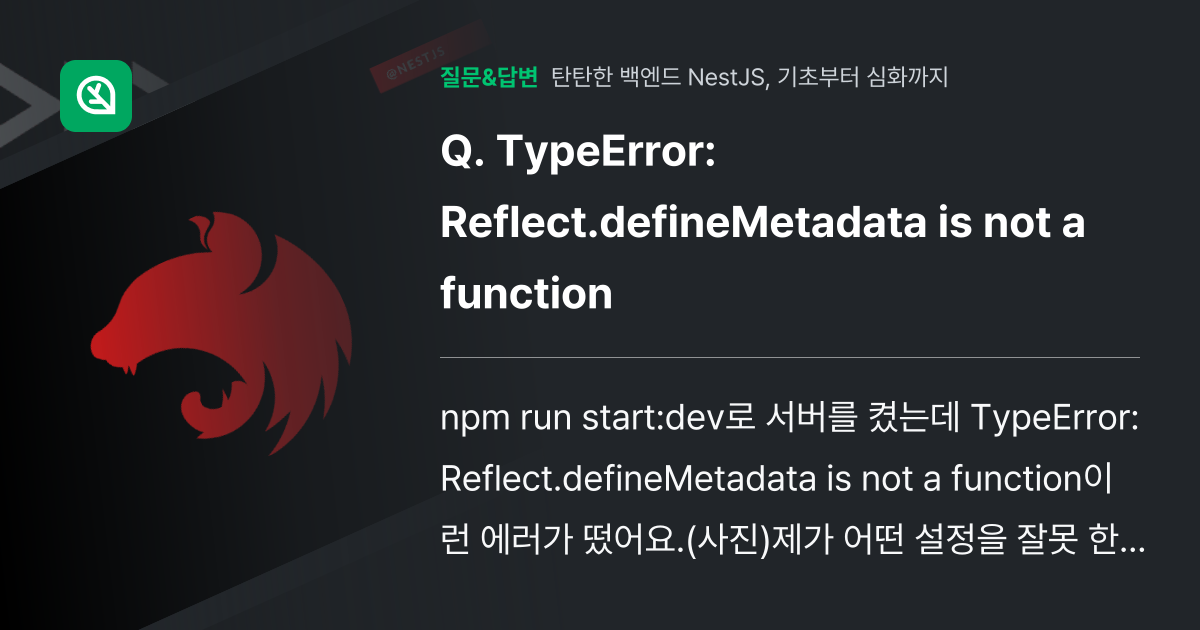 TypeError: Reflect.defineMetadata is... - 인프런 | 커뮤니티 질문&답변