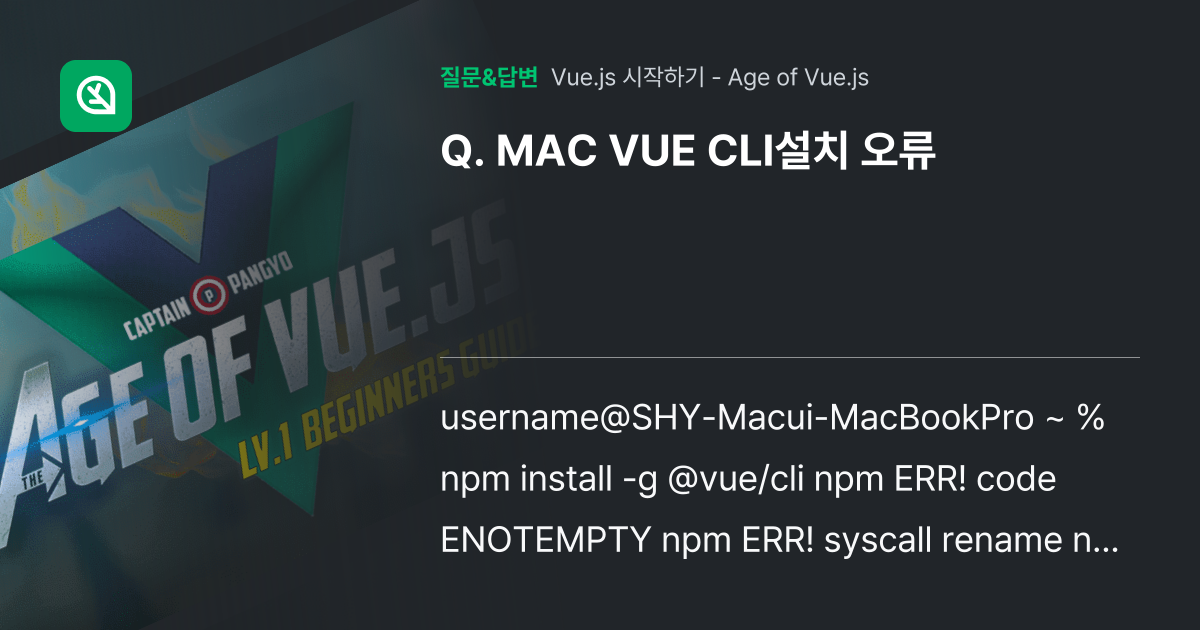 MAC VUE CLI설치 오류 - 인프런 | 커뮤니티 질문&답변