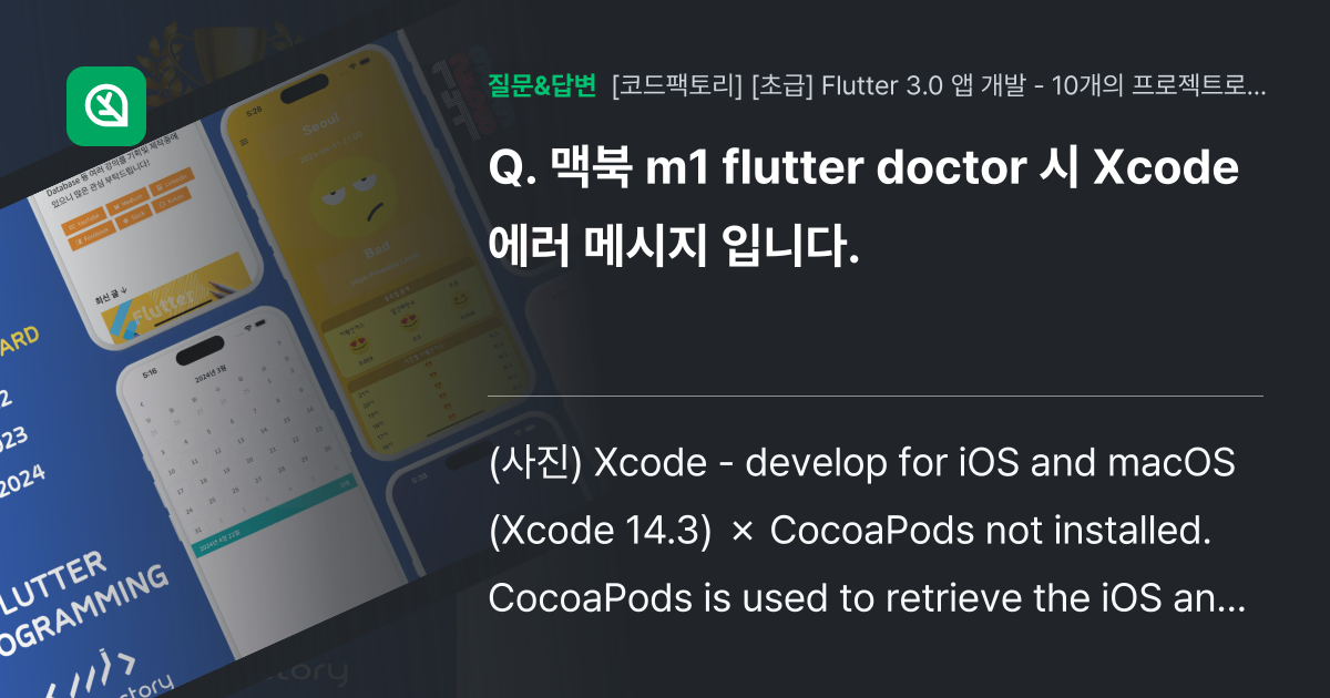 맥북 m1 flutter doctor 시 Xcode 에러 메시지 ... - 인프런 | 커뮤니티 질문&답변 맥북 m1 flutter doctor 시 Xcode 에러 메시지 ... - 인프런 | 커뮤니티 질문&답변