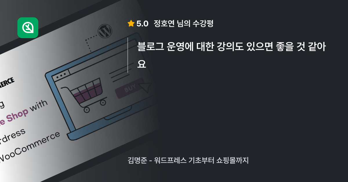 정호연님의 생생한 수강평 워드프레스 기초부터 쇼핑몰까지 인프런 수강평