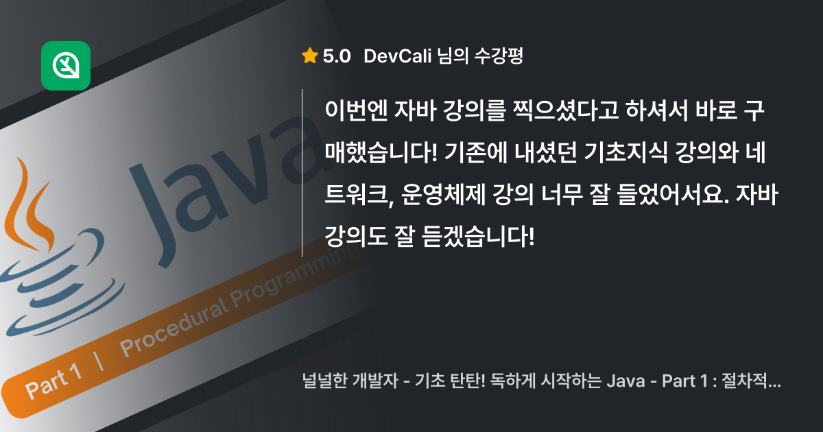 Devcali님의 생생한 수강평 기초 탄탄 독하게 시작하는 Java P 인프런 수강평