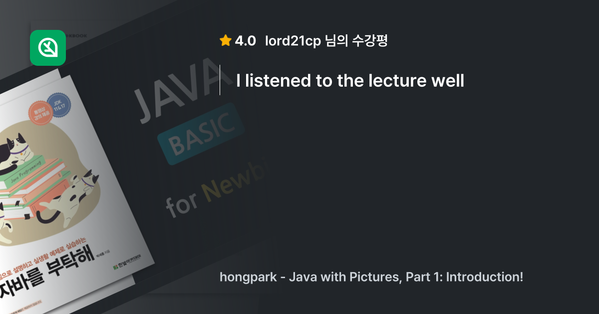 양영훈의 생생한 수강후기 그림으로 배우는 자바 파트1 입문 강의 인프런 수강평