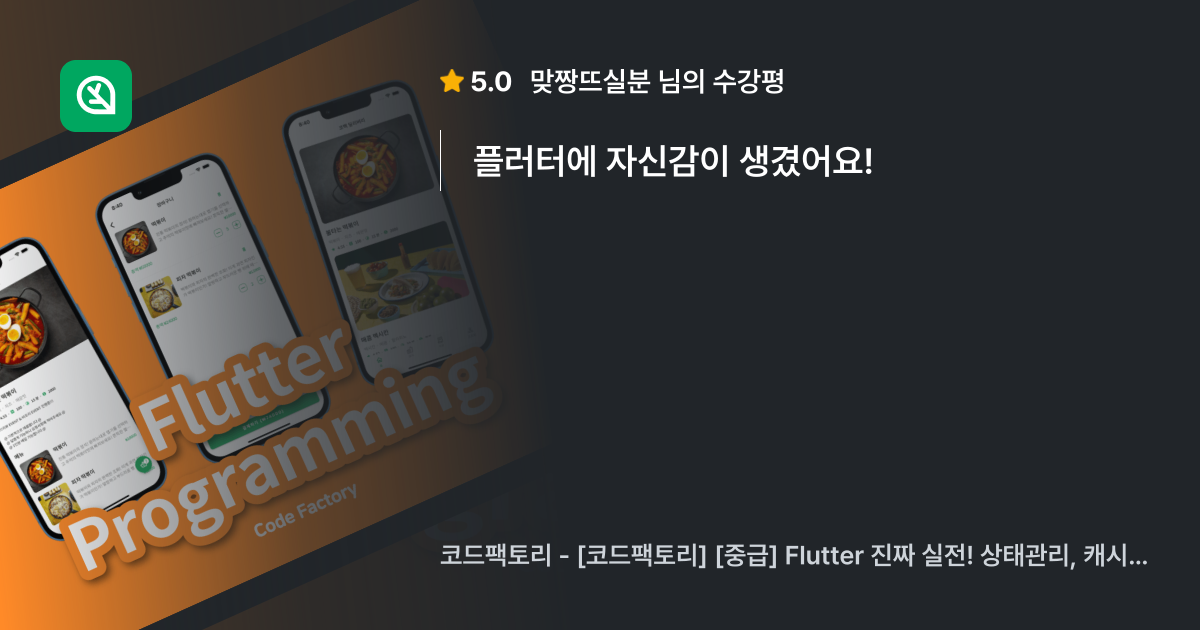 맞짱뜨실분의 생생한 수강후기 코드팩토리 중급 Flutter 진짜 실전 인프런 수강평