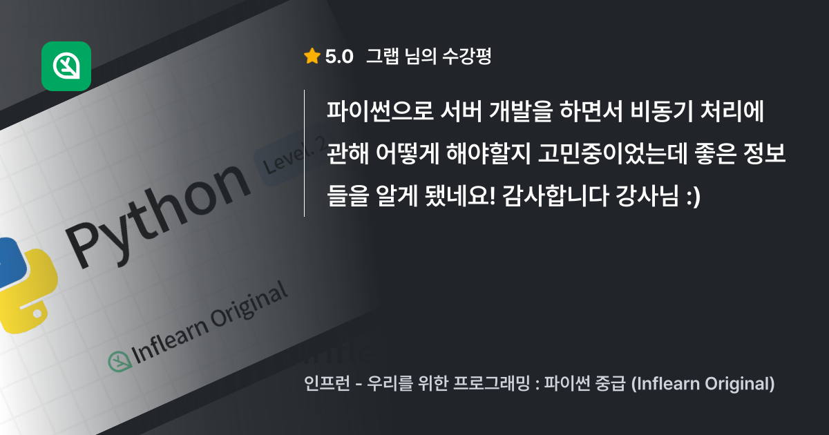 그랩님의 생생한 수강평 우리를 위한 프로그래밍 파이썬 중급 Inflea 인프런 수강평