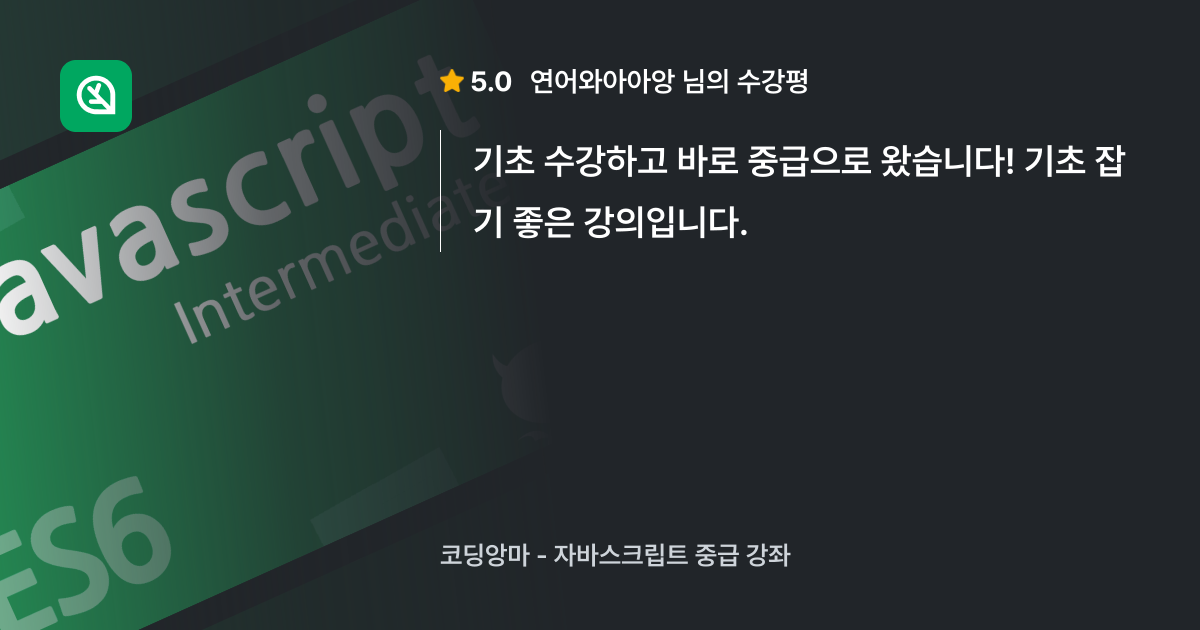 연어와아아앙님의 생생한 수강평 자바스크립트 중급 강좌 강의 인프런 수강평