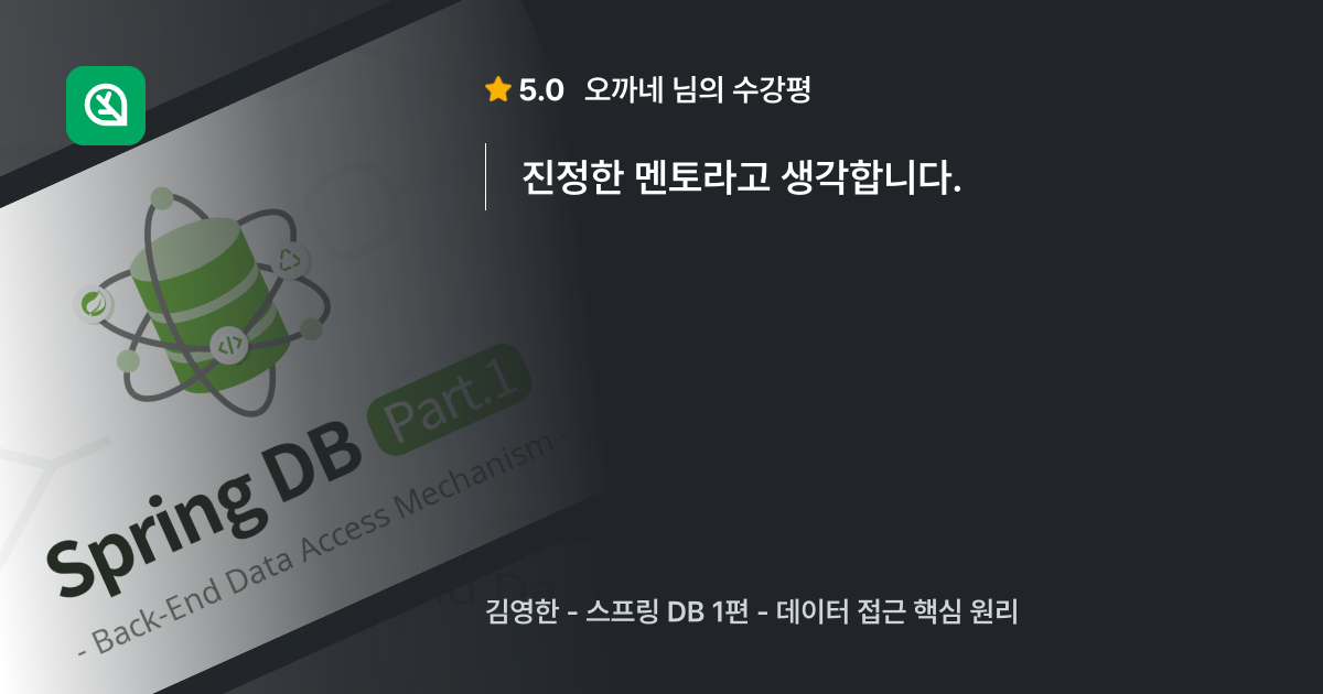 오까네님의 생생한 수강평 스프링 Db 1편 데이터 접근 핵심 원리 강의 인프런 수강평