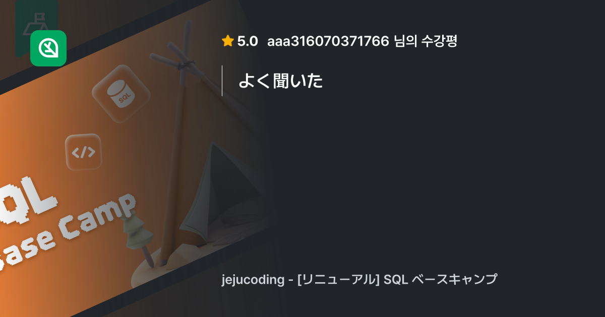 풍강현님의 생생한 수강평 생애 첫 Sql With 제코베 강의 인프런 수강평